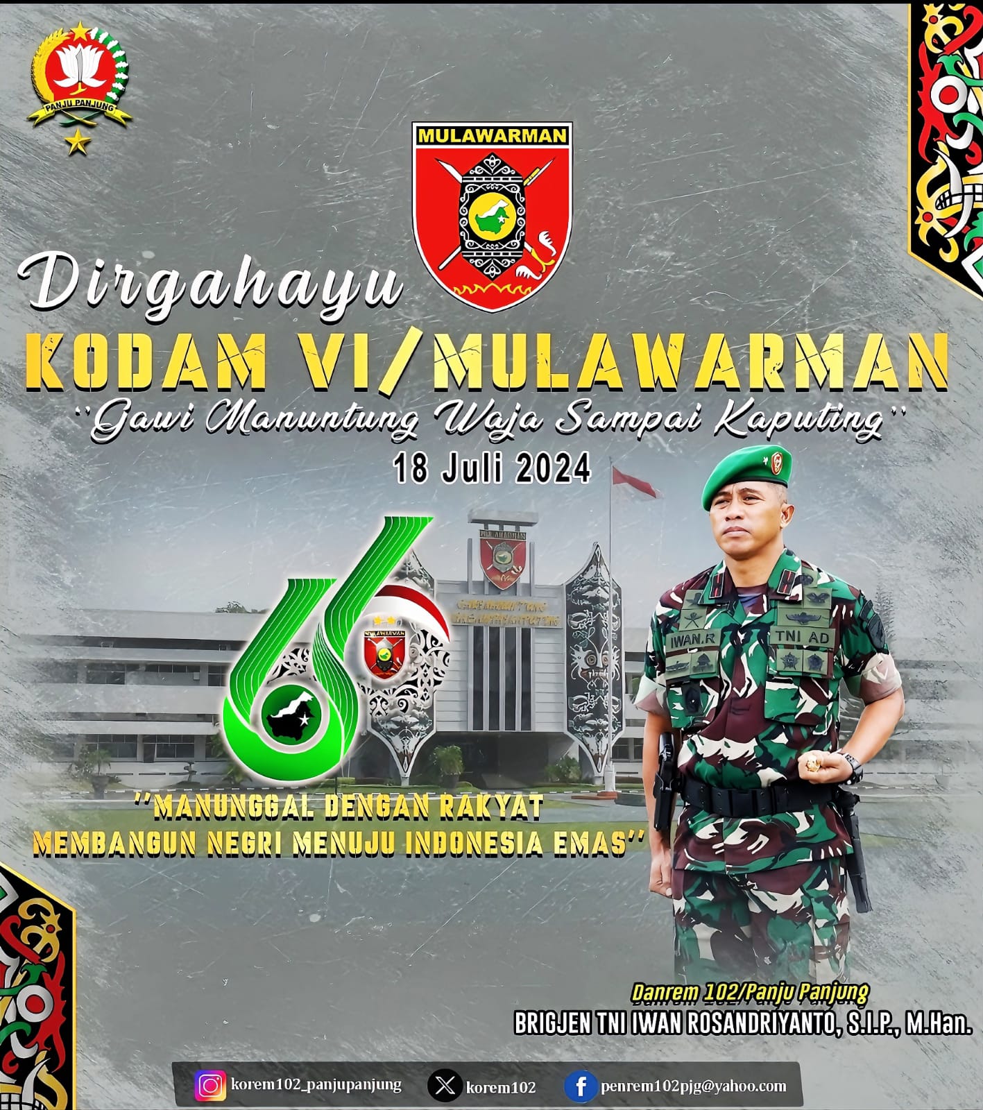 Danrem 102/Pjg; Selamat Hari Jadi Kodam VI/Mulawarman ke-66 - Kalteng.co - Selalu Update ...